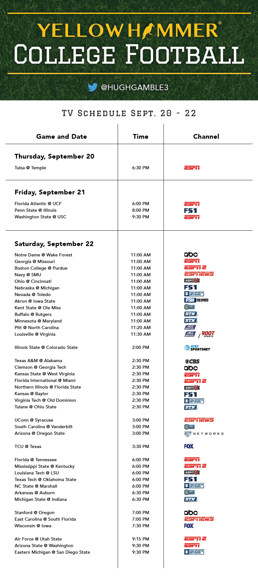 This Weekend s Comprehensive College Football TV Schedule This Weekend s Comprehensive College Football TV Schedule