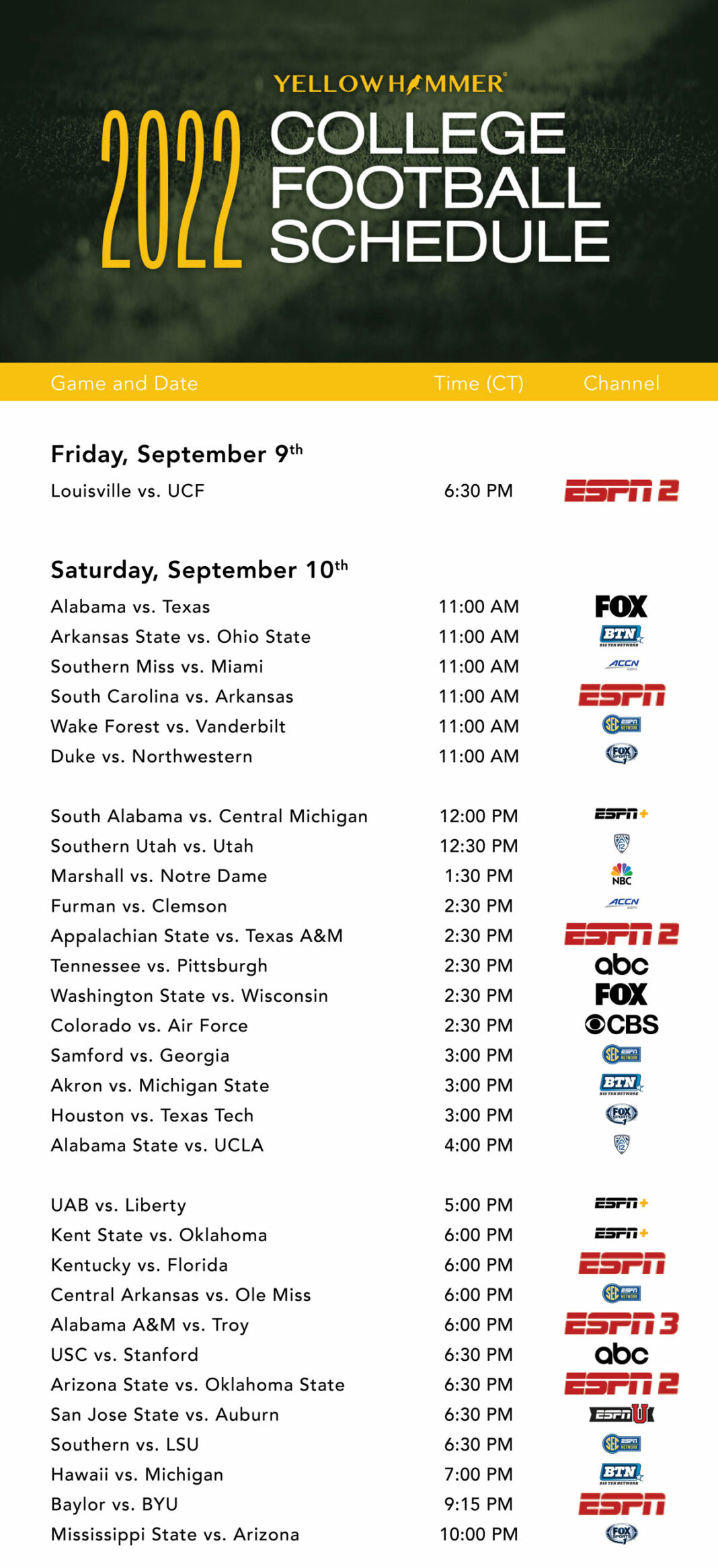 This Weekend s College Football TV Schedule Yellowhammer News This Weekend s College Football TV Schedule Yellowhammer News