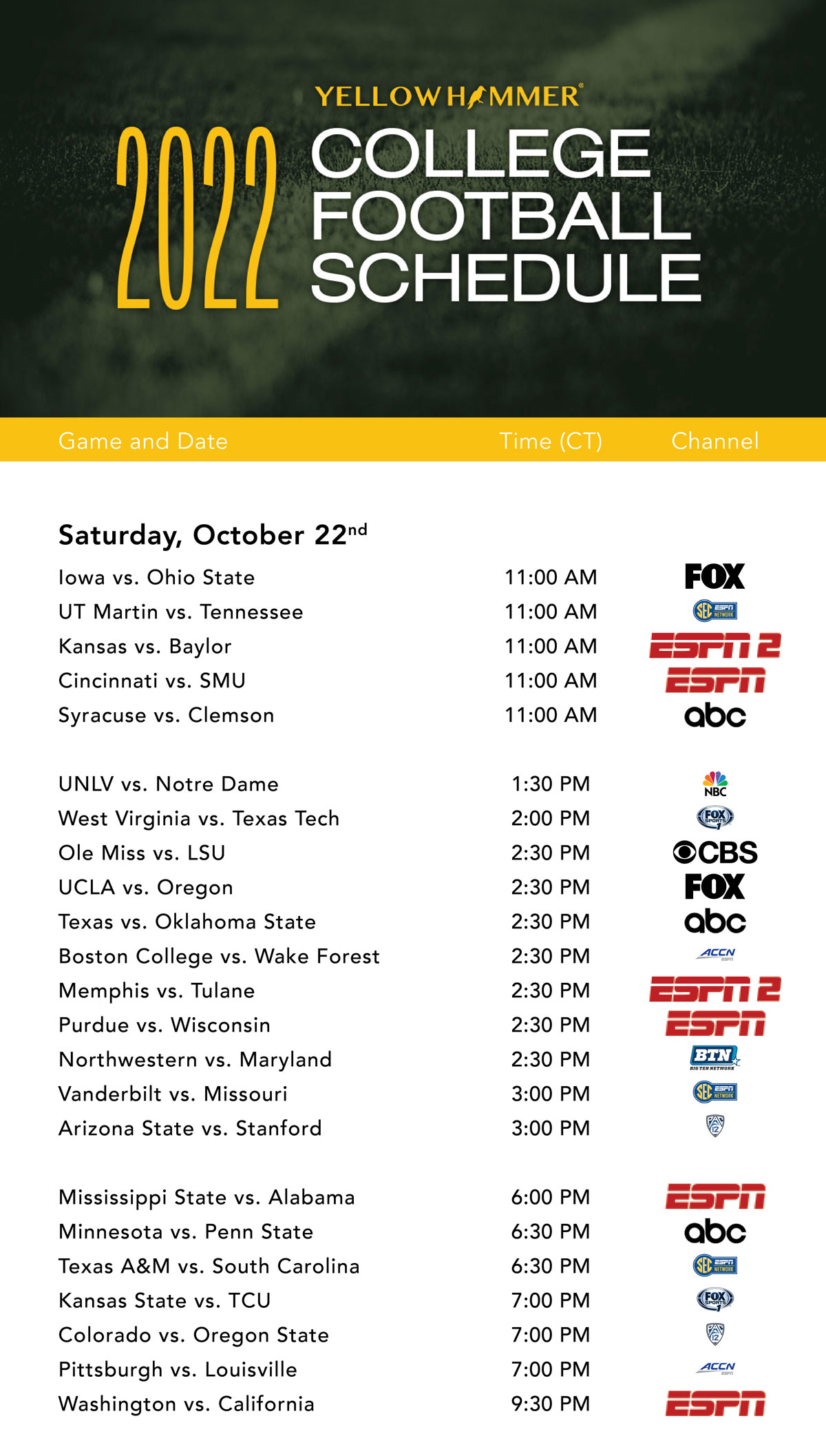 This Weekend s College Football TV Schedule Yellowhammer News
